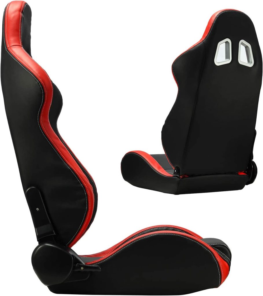 Pair of Black + Side Red PVC Reclinable Racing Seats W/Silders ...
